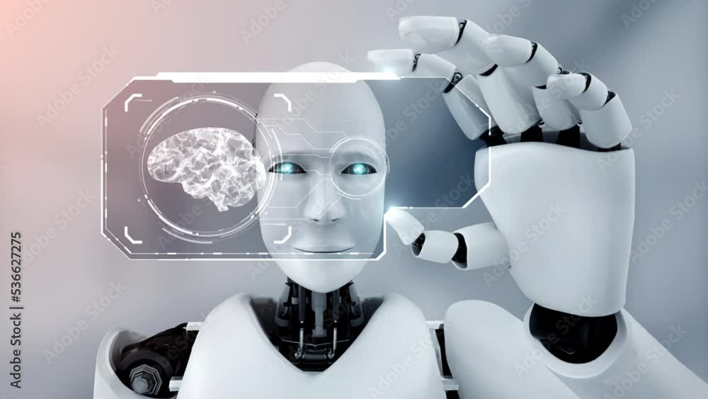 Robot hominoid hold HUD hologram screen in concept of AI thinking brain, artificial intelligence ...