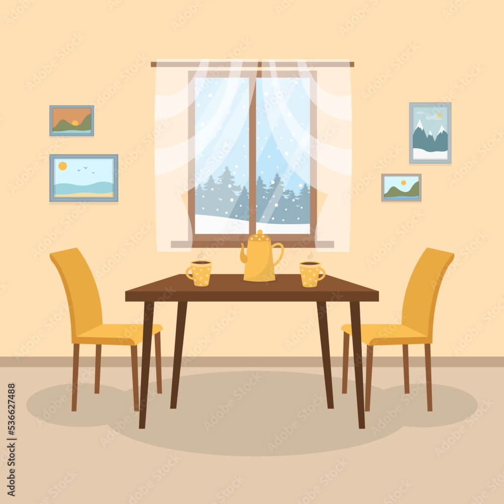 Dining room with table. Cosy kitchen interior design with furniture ...