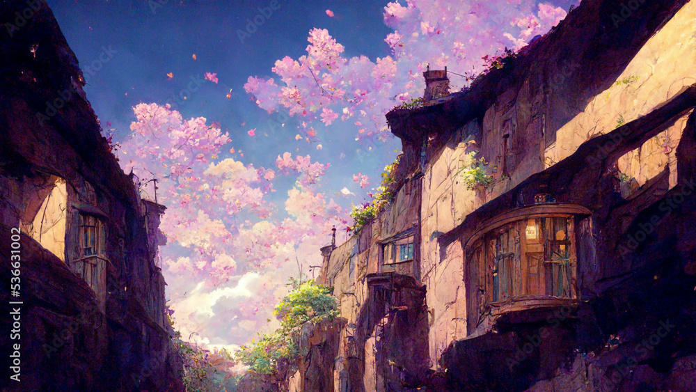 Small Japanese Village Built Into Ravine Walls with Sakura Petal Clouds ...