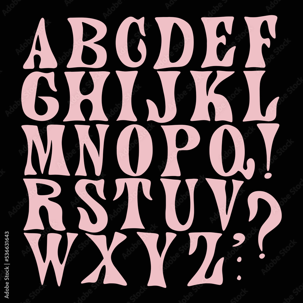 Hippie bohemian groovy postmodern funky font alphabet 1960s boho ...