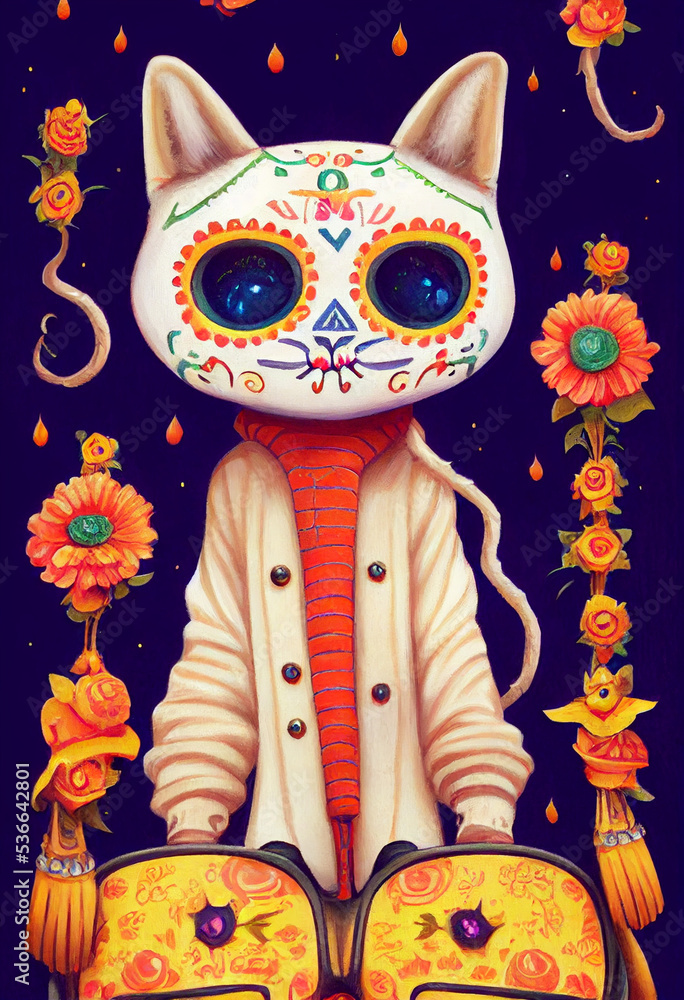 Cute cat Dia de muertos skull illustration. Cat wearing Day of the dead ...
