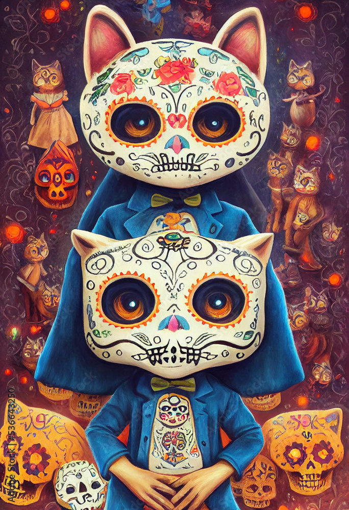 Cute cats Dia de muertos skull illustration wallpaper. Cat wearing Day ...