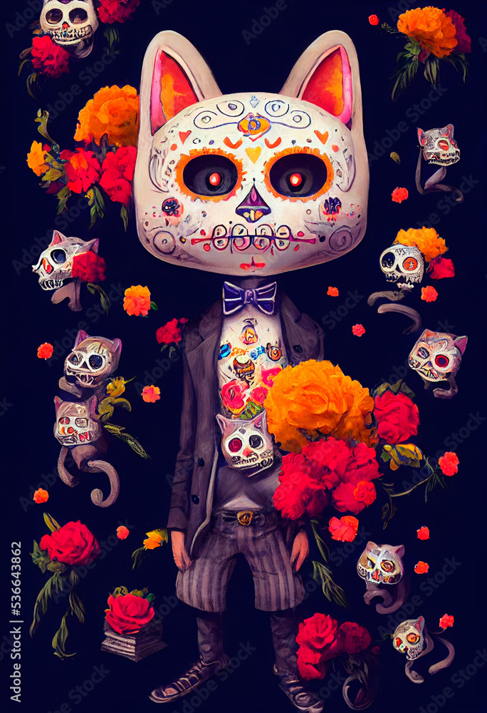 Cute cat Dia de muertos skull illustration. Cat wearing Day of the dead ...