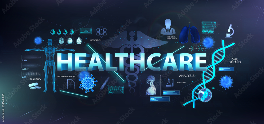 Hi-tech medicine and healthcare banner. Medical complete examination ...