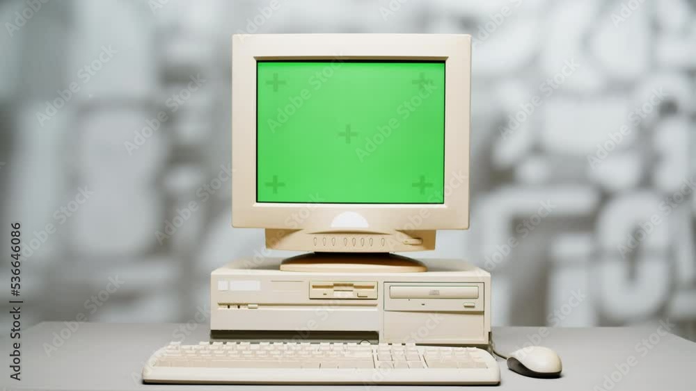 Retro pc with chroma key green screen, Old computer studio close-up ...
