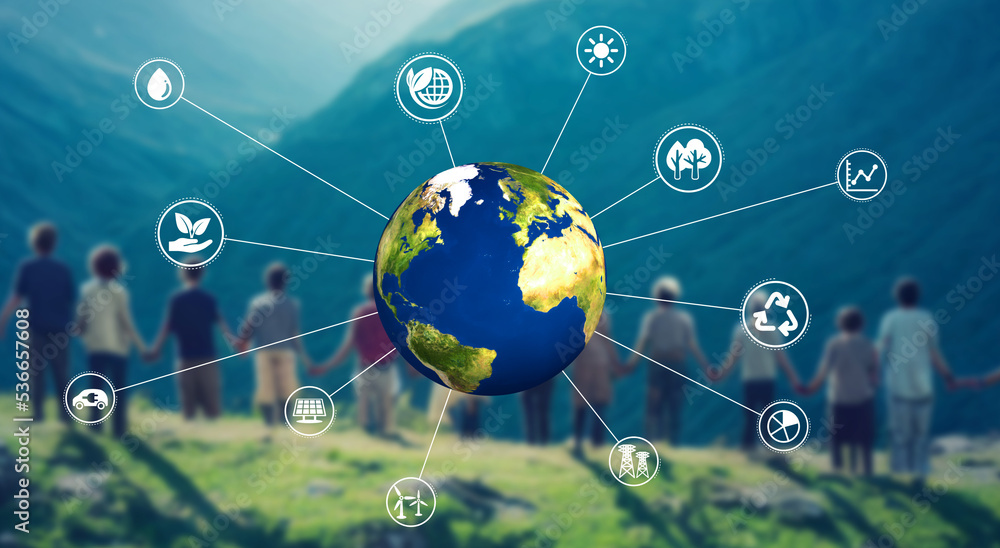 People looking at nature and the global environment concept ...