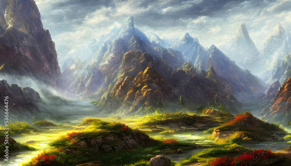 mountains with trees, meadow, clouds and mist - valley landscape ...