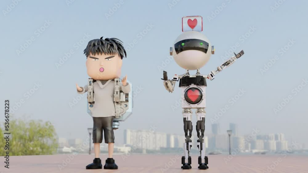 Cartoon Asians man Humans live with robots activities a sing songs. in ...