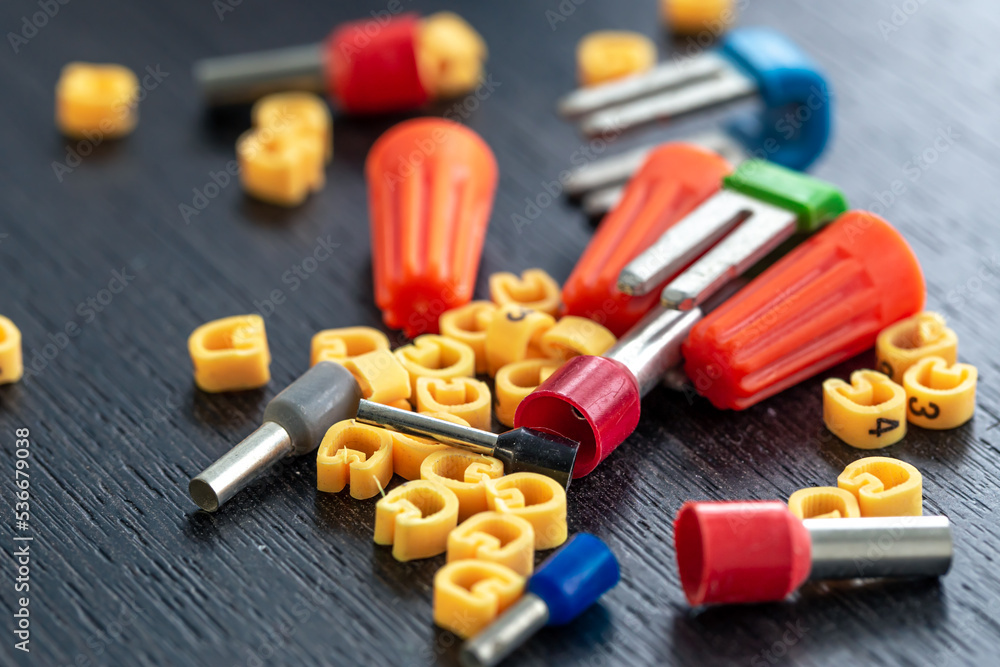 Coloured sleeves, markings and cable connectors, crimp terminals. Stock ...