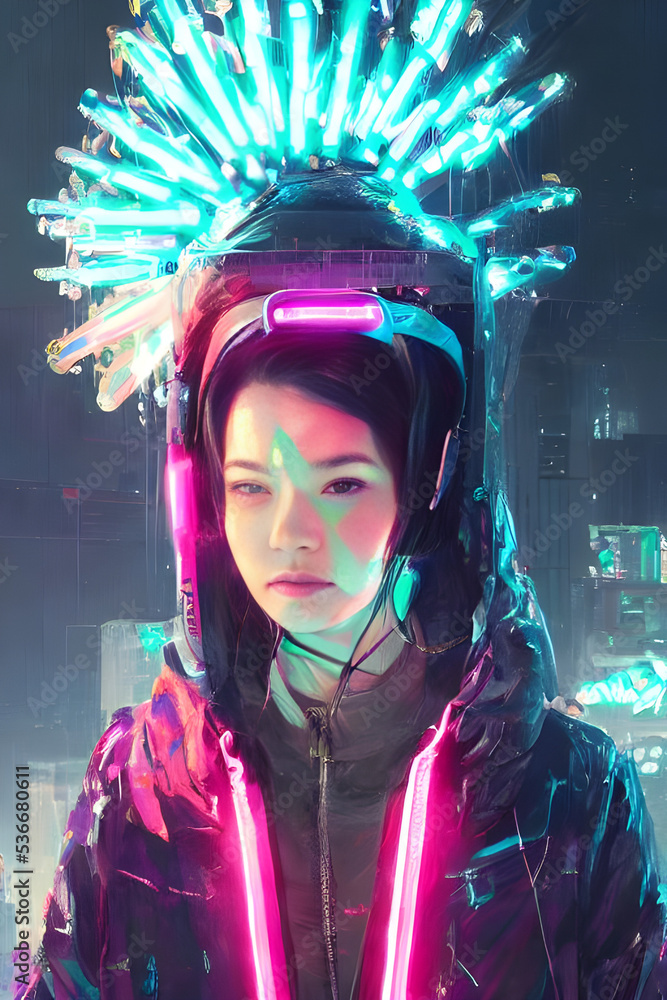 asian futuristic cyberpunk girl wearing helmet with visor, cyber city ...