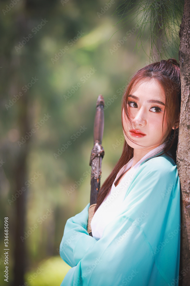 Portrait Chinese girl with a Folk Chinese costume handle traditional ...