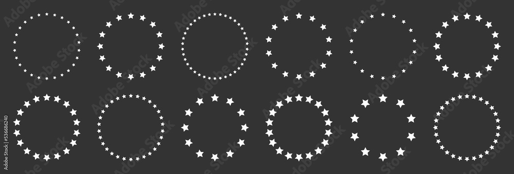 White stars of various sizes arranged in a circle. Round frame, border ...