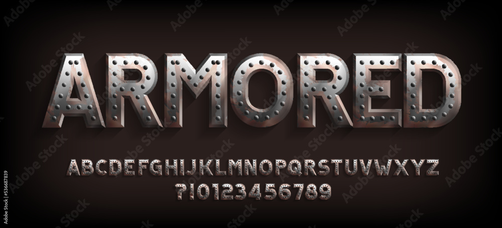 Armored alphabet font. Rusty metal letters and numbers. Stock vector ...