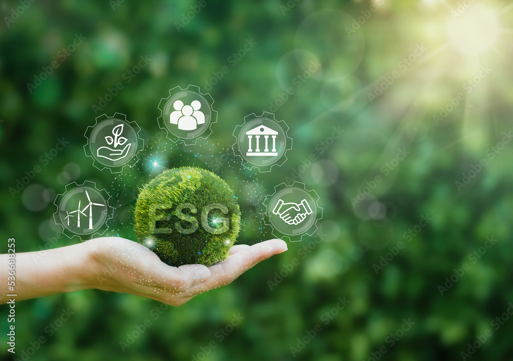 Hand of woman holding green earth ESG icon for Environmental Social and ...
