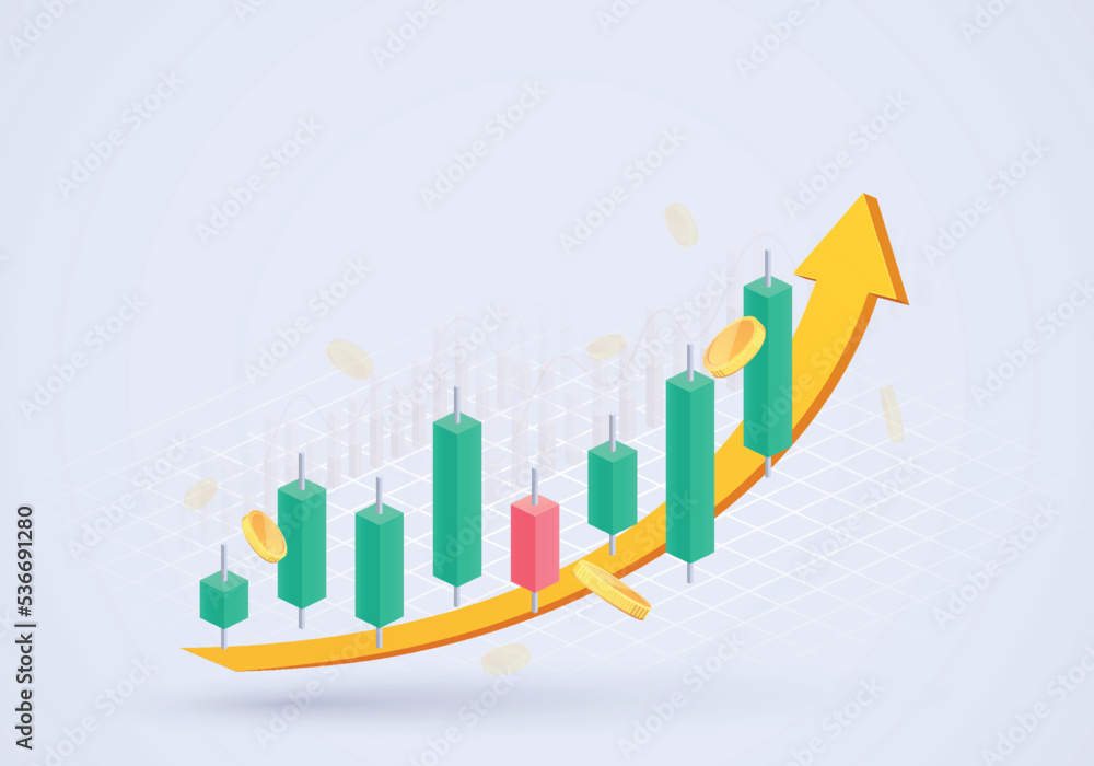 Growth trading chart. Trading infographic with toast chart and up arrow ...