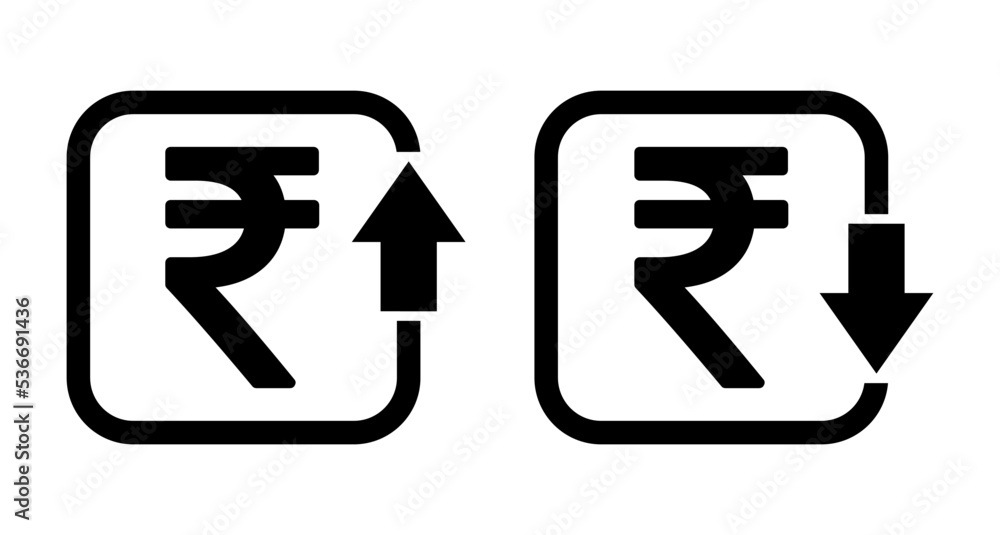 Set of cost symbol rupee increase and decrease icon. Money vector ...