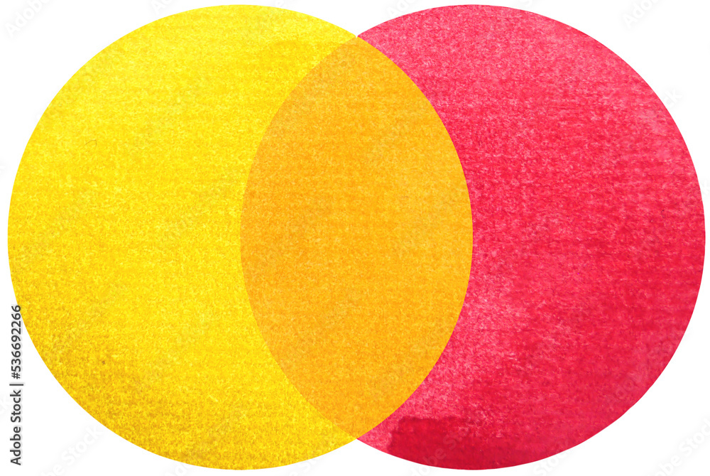 2 primary colors, red yellow watercolor painting circle round on white ...