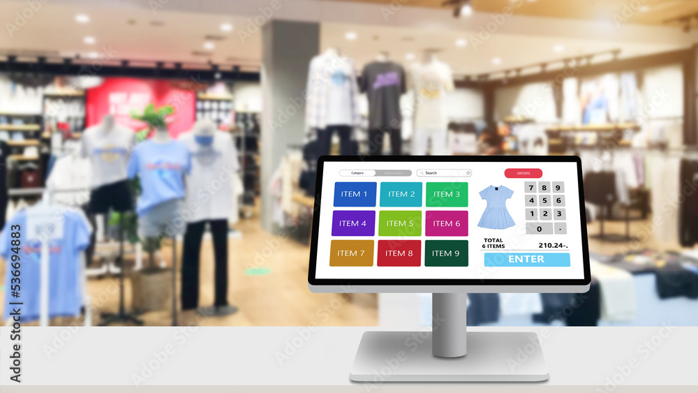 POS,Point of sale retail management system program concept.Modern touch screen cash register on ...