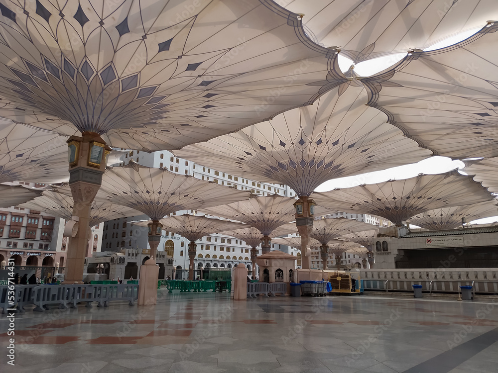 Medina, Saudi Arabia - October 07, 2022: Umbrella construction on the ...