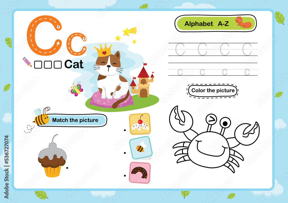 Alphabet Letter C-Cat exercise with cartoon vocabulary illustration ...