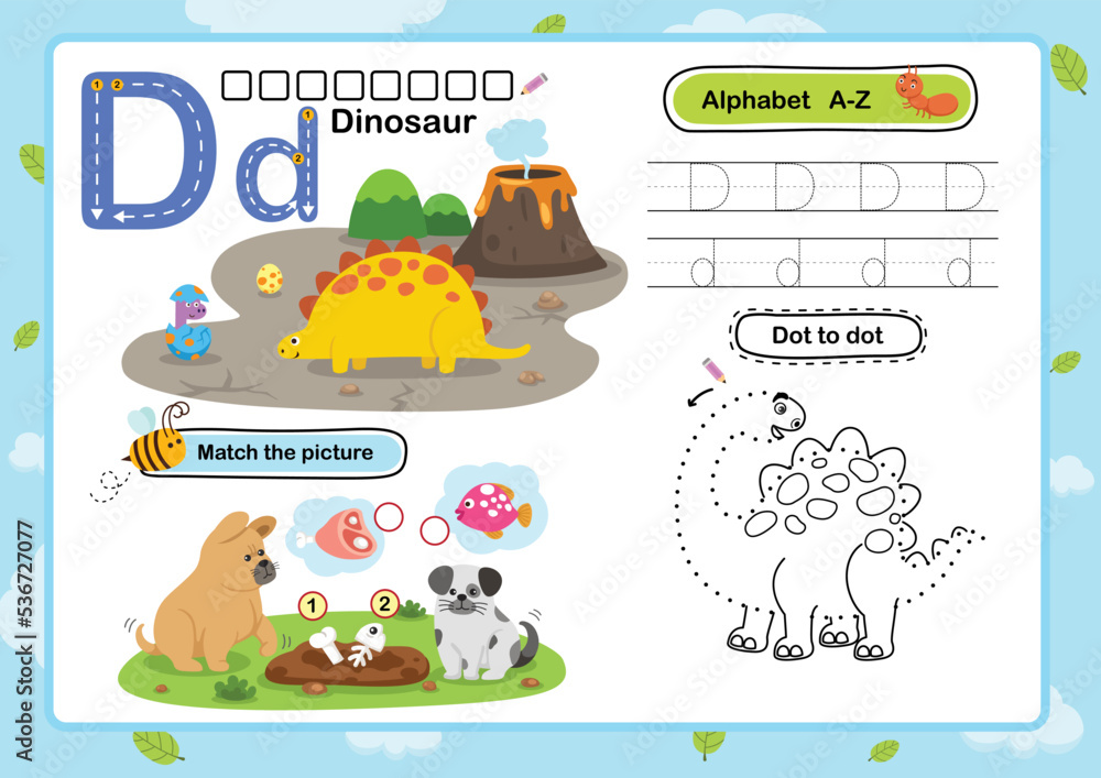 Alphabet Letter D-Dinosaur exercise with cartoon vocabulary ...