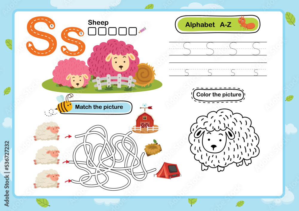 Alphabet Letter S-Sheep exercise with cartoon vocabulary illustration ... Alphabet Letter S-Sheep exercise with cartoon vocabulary illustration ...