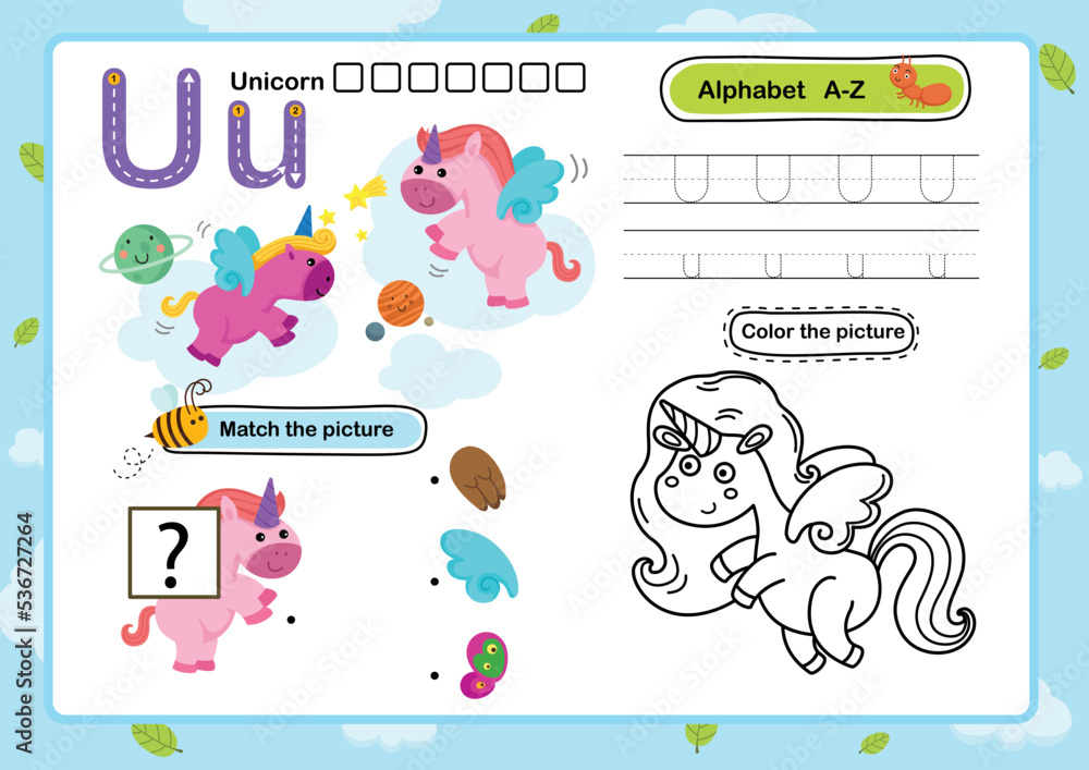 Alphabet Letter U-Unicorn exercise with cartoon vocabulary illustration ...