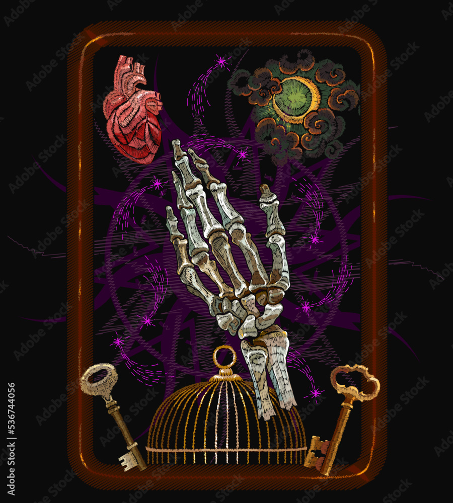 Tarot card art. Vintage key, skeleton hands, moon, golden cage and ...