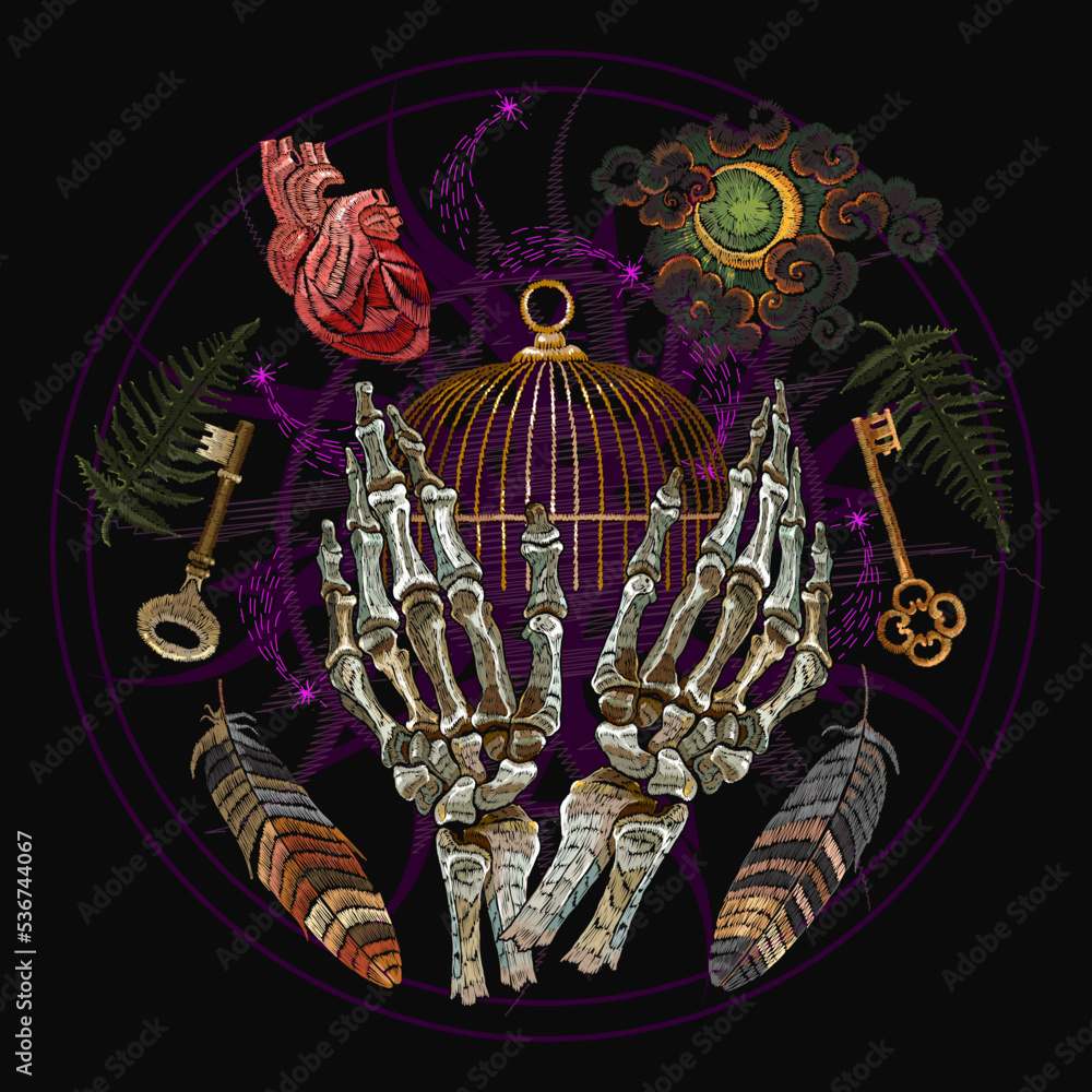 Alchemy concept. Embroidery. Skeleton hands, golden cage, feathers, key ...