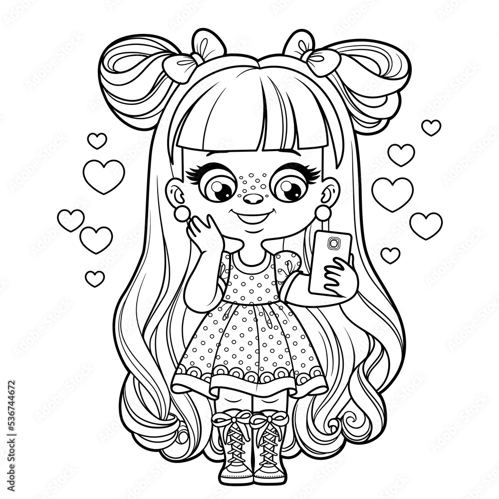 Cute cartoon long haired girl talking on the phone outlined for ...