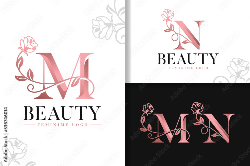 Feminine monogram rose gold logo letter m and n with flowers Stock ...