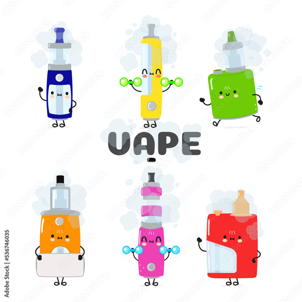 Funny cute happy vape characters bundle set. Vector hand drawn doodle ...