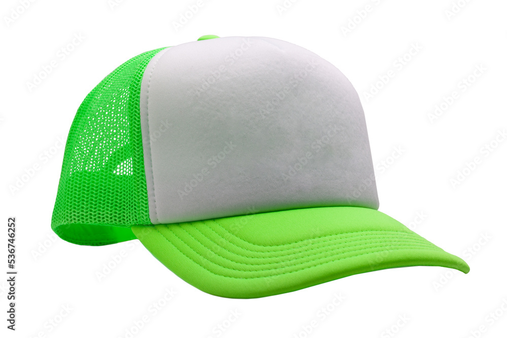 Neon green trucker cap isolated on white background. Basic baseball cap ...