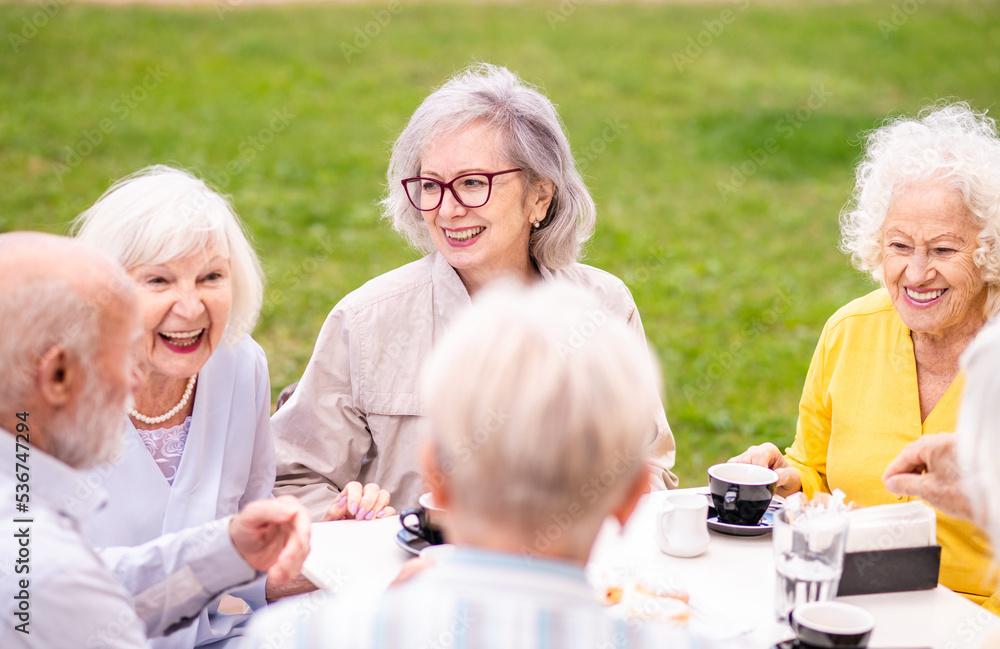 Group of seniors people bonding at the bar cafeteria - Old elderly ...