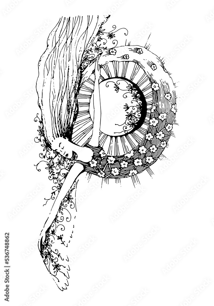 Happy free woman flying in air around sun. Freedom, good emotion and ...