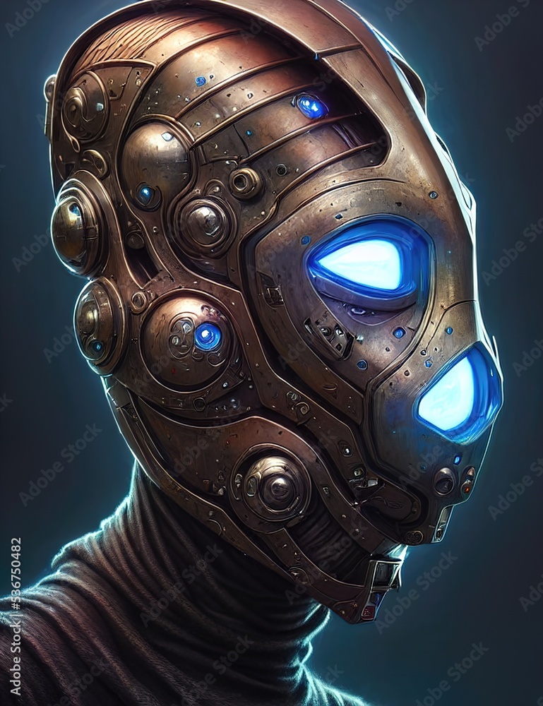 Gasmask steampunk portrait of a robot, cyborg in a cyberpunk mask. A ...