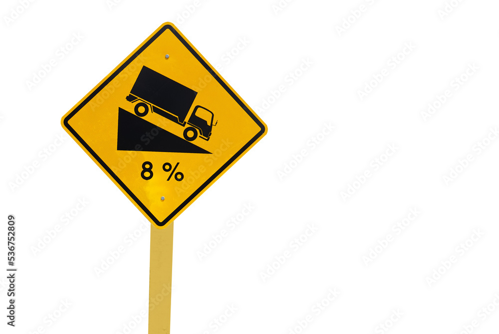 Yellow traffic sign with symbol of truck down the hill for 8% slope ...