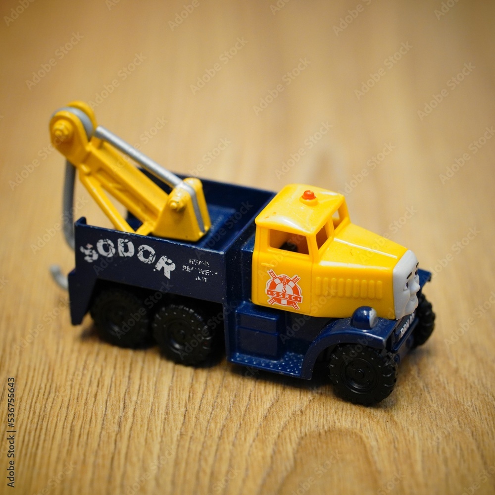 Vertical closeup of a toy model pickup truck from the Thomas And ...