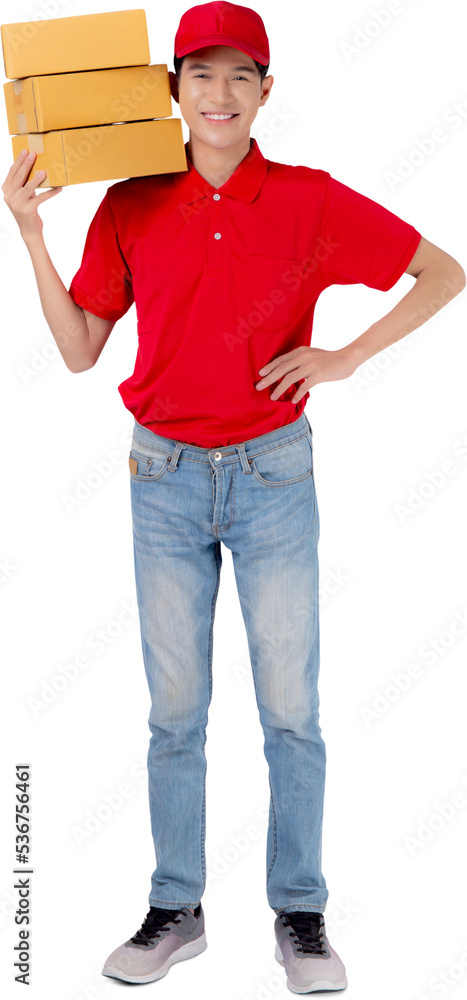 Young asian man in uniform red and cap standing carrying box stack ...