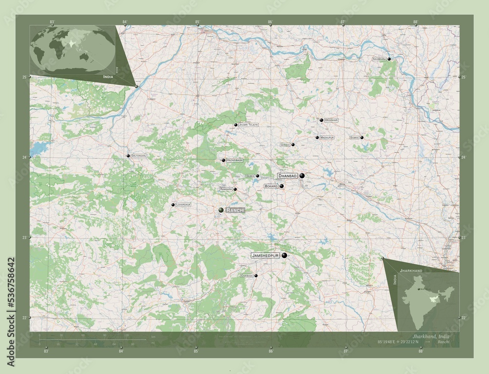 Jharkhand, India. OSM. Labelled points of cities Stock Illustration ...