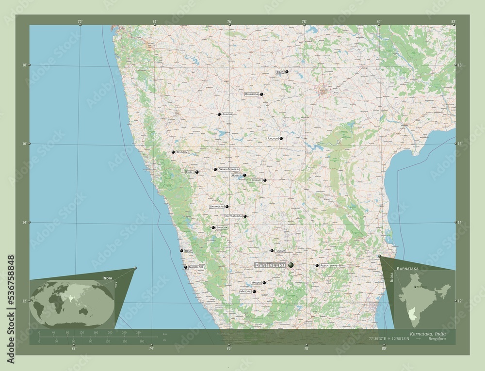 Karnataka, India. OSM. Labelled points of cities Stock Illustration ...
