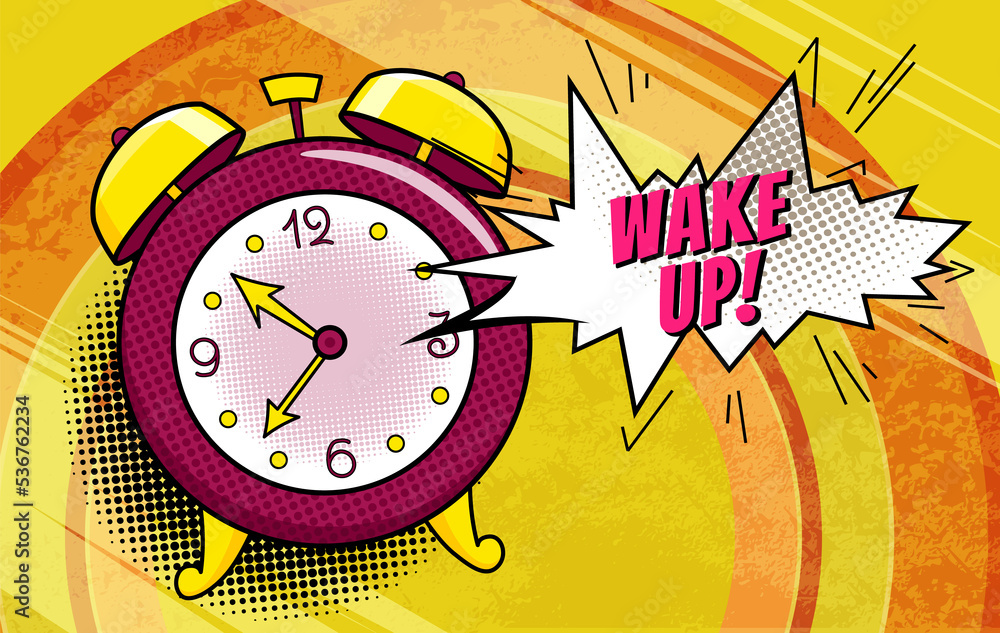 Comic alarm clock. Pop art colorful and dynamic cartoonish icon in ...