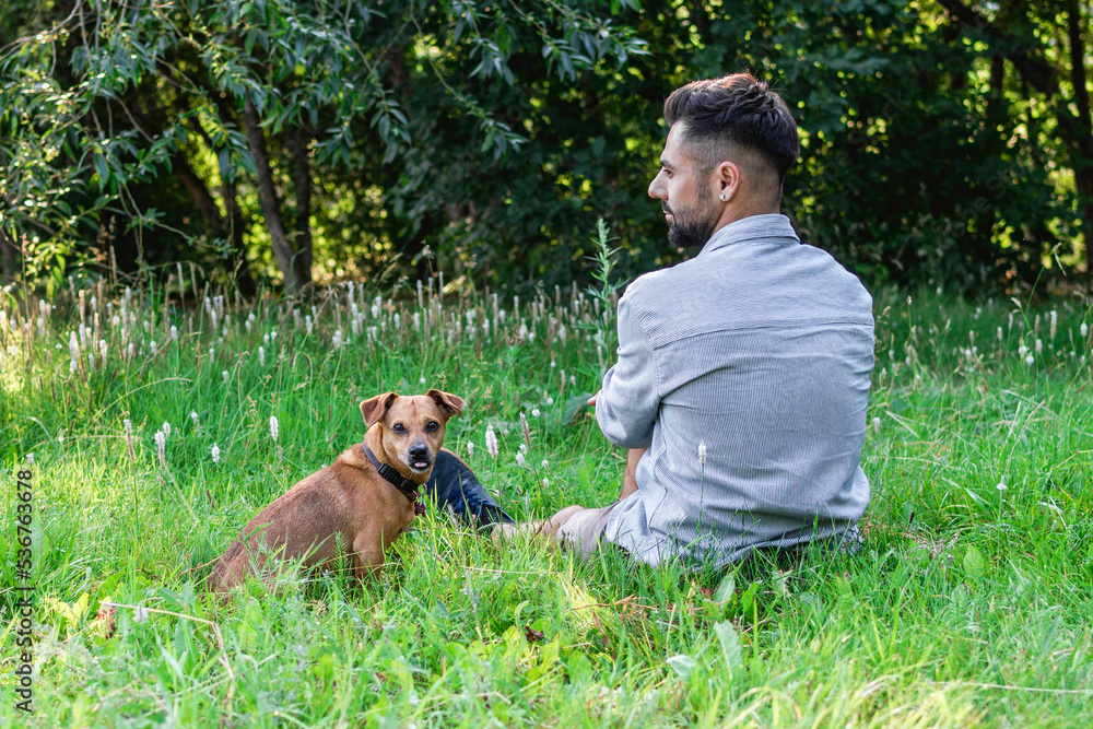Young European man sitting on grass with his dog in park. Concept of ...