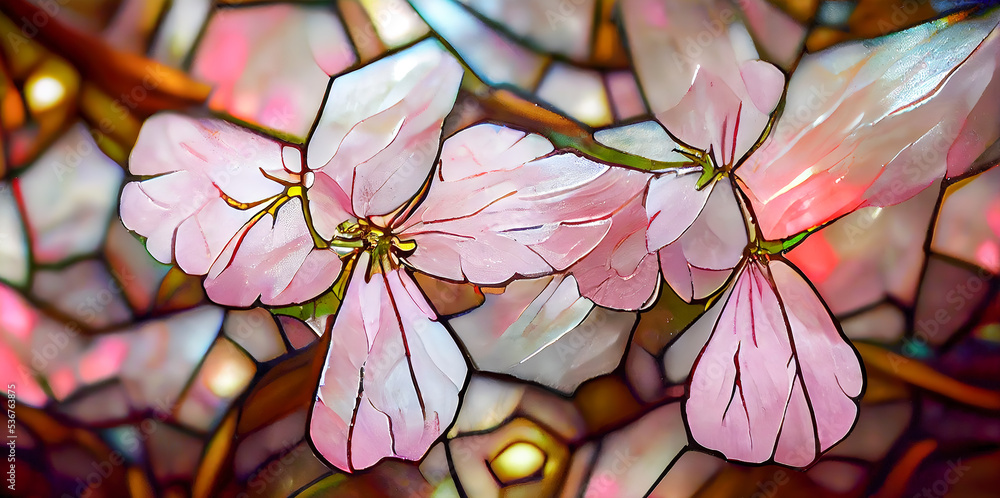 pink flowers. Colorful stained glass window. Abstract stained-glass ...