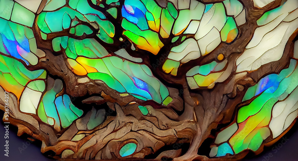 tree. Colorful stained glass window. Abstract stained-glass background ...