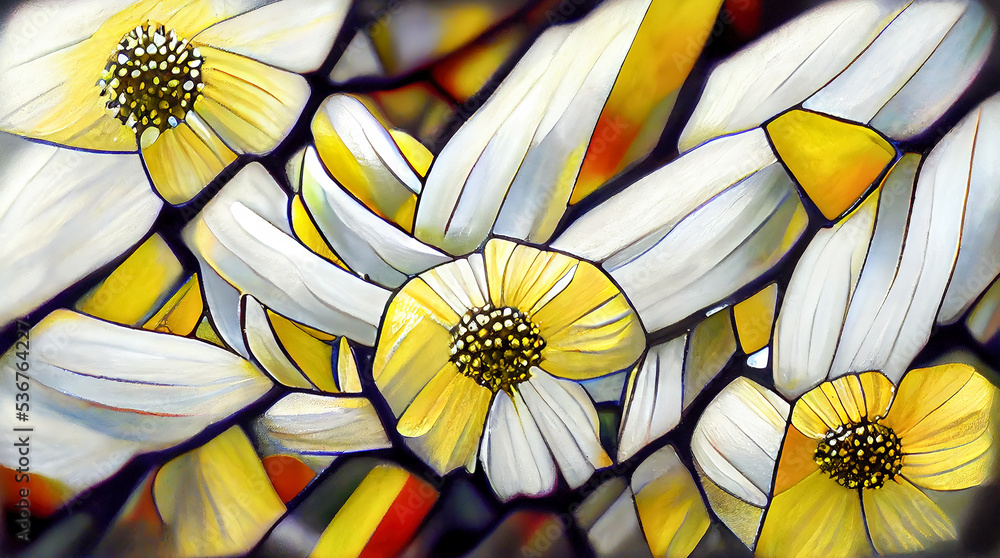 white flowers. Colorful stained glass window. Abstract stained-glass ...