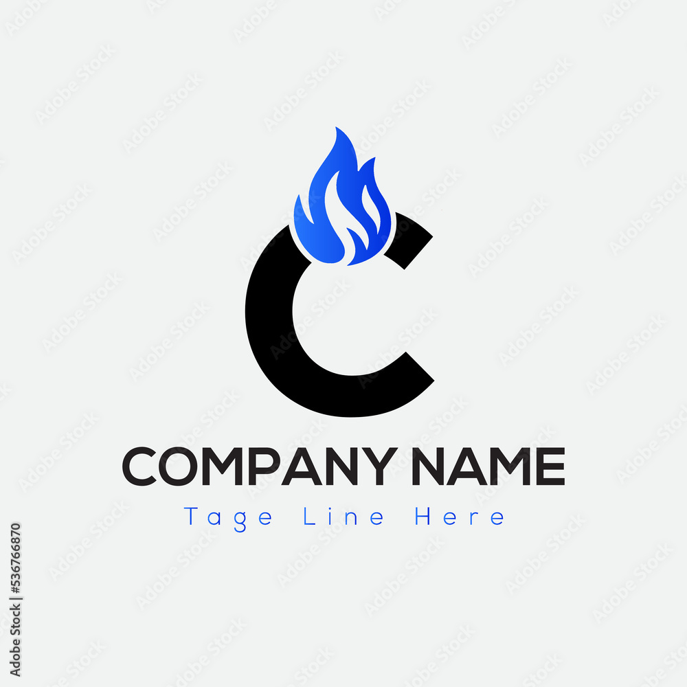 Blue Fire Logo On Letter C Template. Blue Fire On C Letter, Initial ...