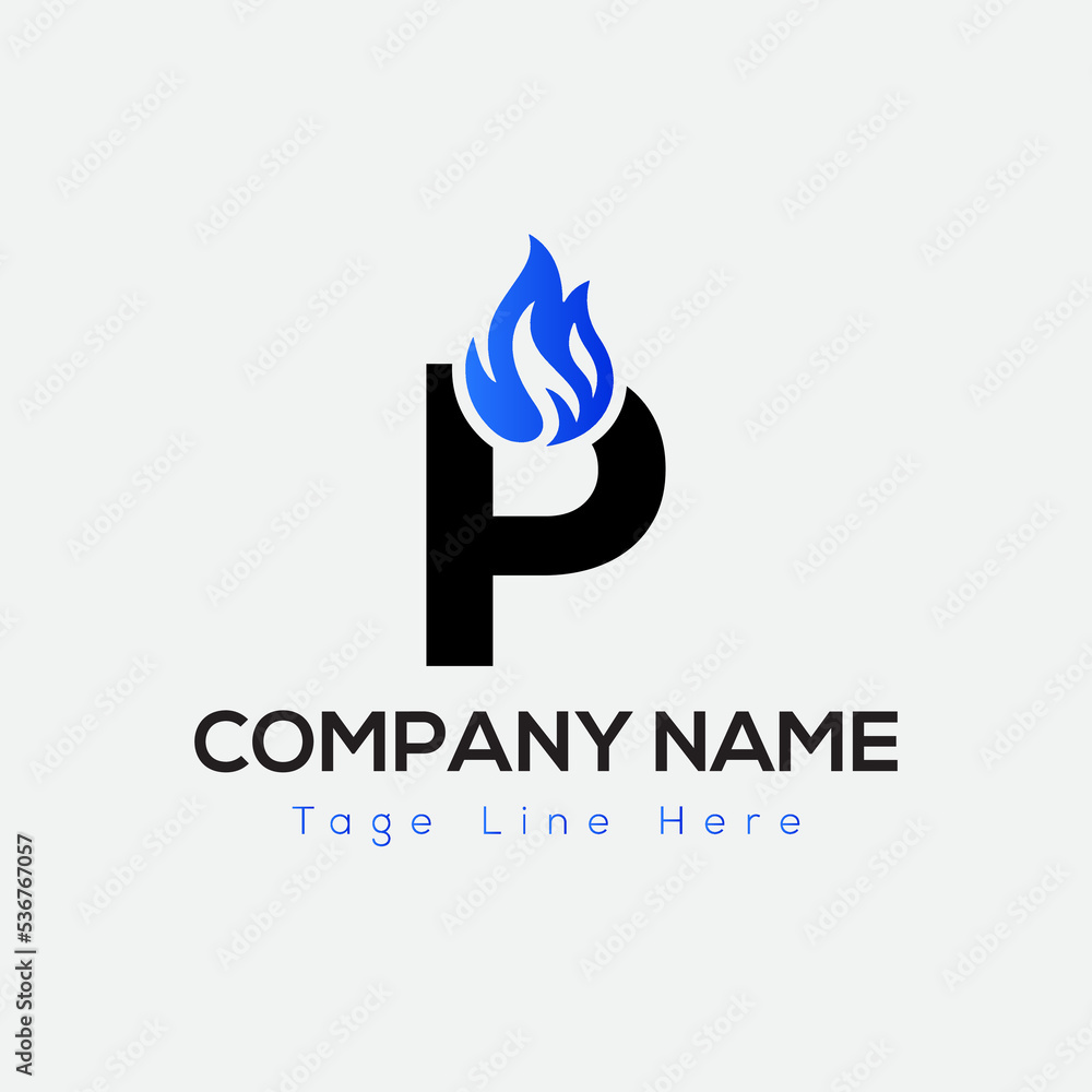 Blue Fire Logo On Letter P Template. Blue Fire On P Letter, Initial ...