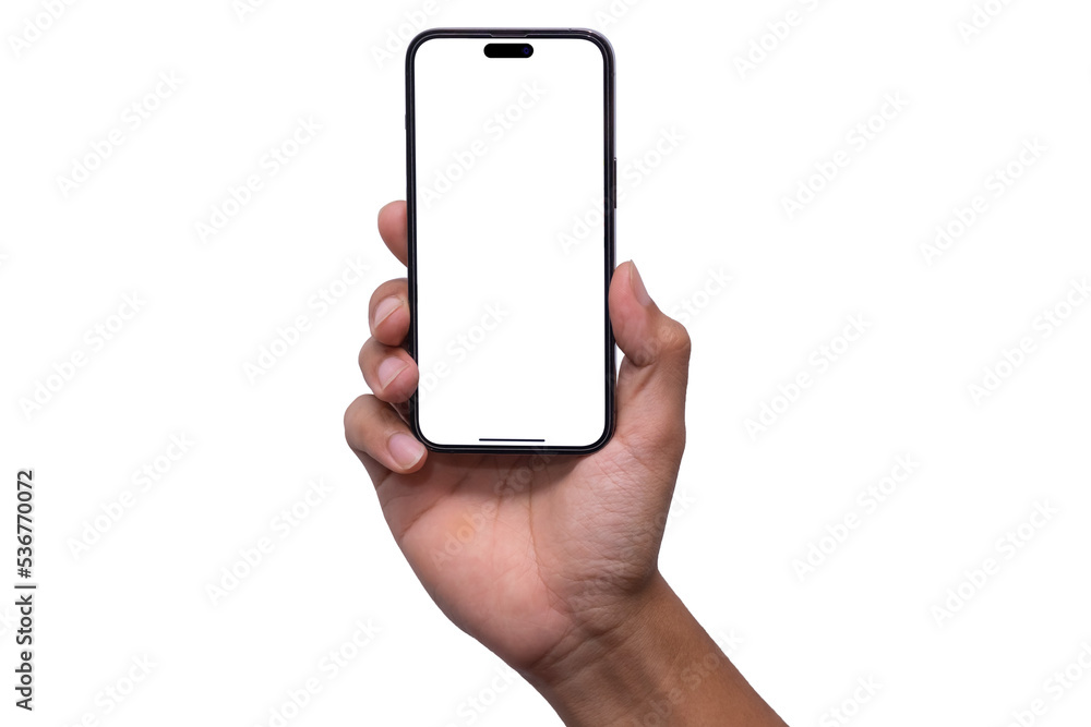 Hand holding the black smartphone iphone 14 with blank screen and ... Hand holding the black smartphone iphone 14 with blank screen and ...