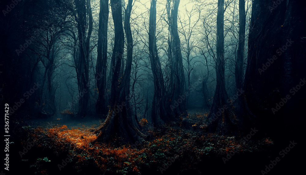 Dark scary forest cursed by witch spell spectacular 3D illustration for ...